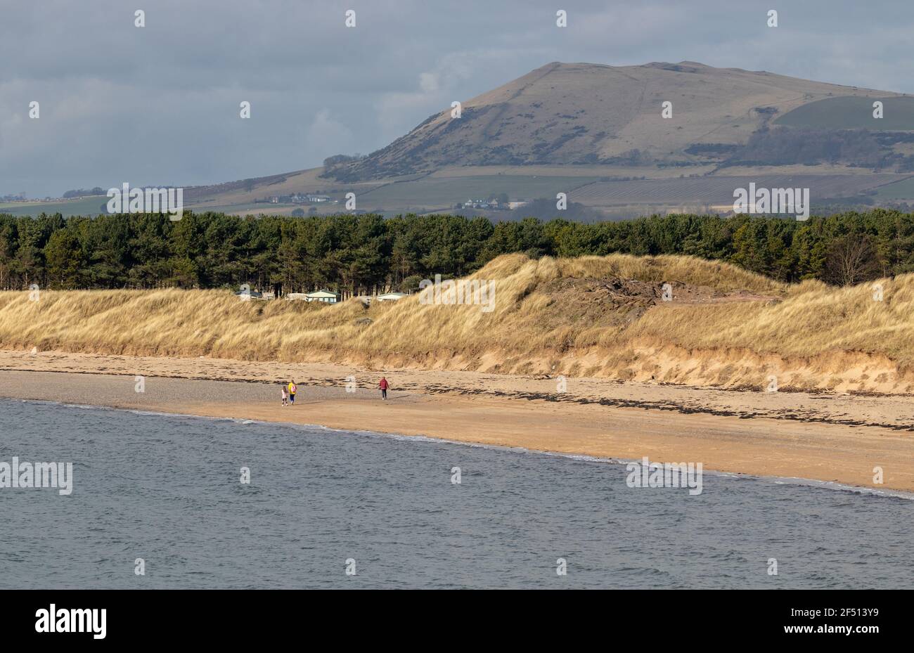 The sandy beach at Shell Bay near Elie, with Largo Law in the distance ...