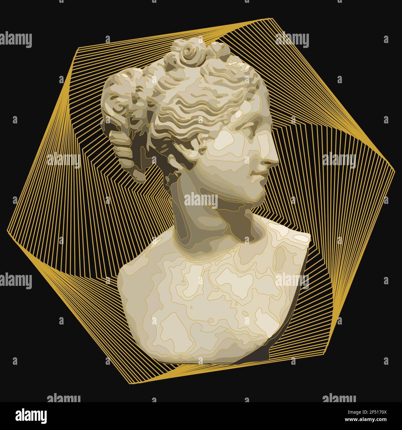 3D rendering of a Greek Goddess statue against yellow geometric shapes ...
