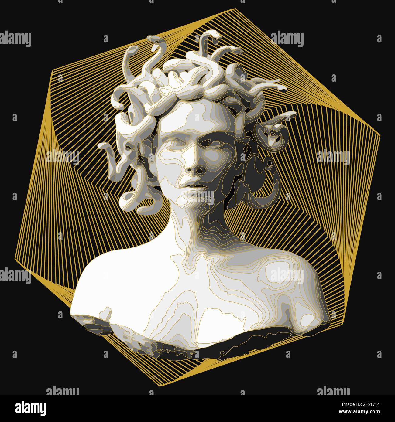 3D rendering of the Medusa Statue with yellow outlines and geometric ...