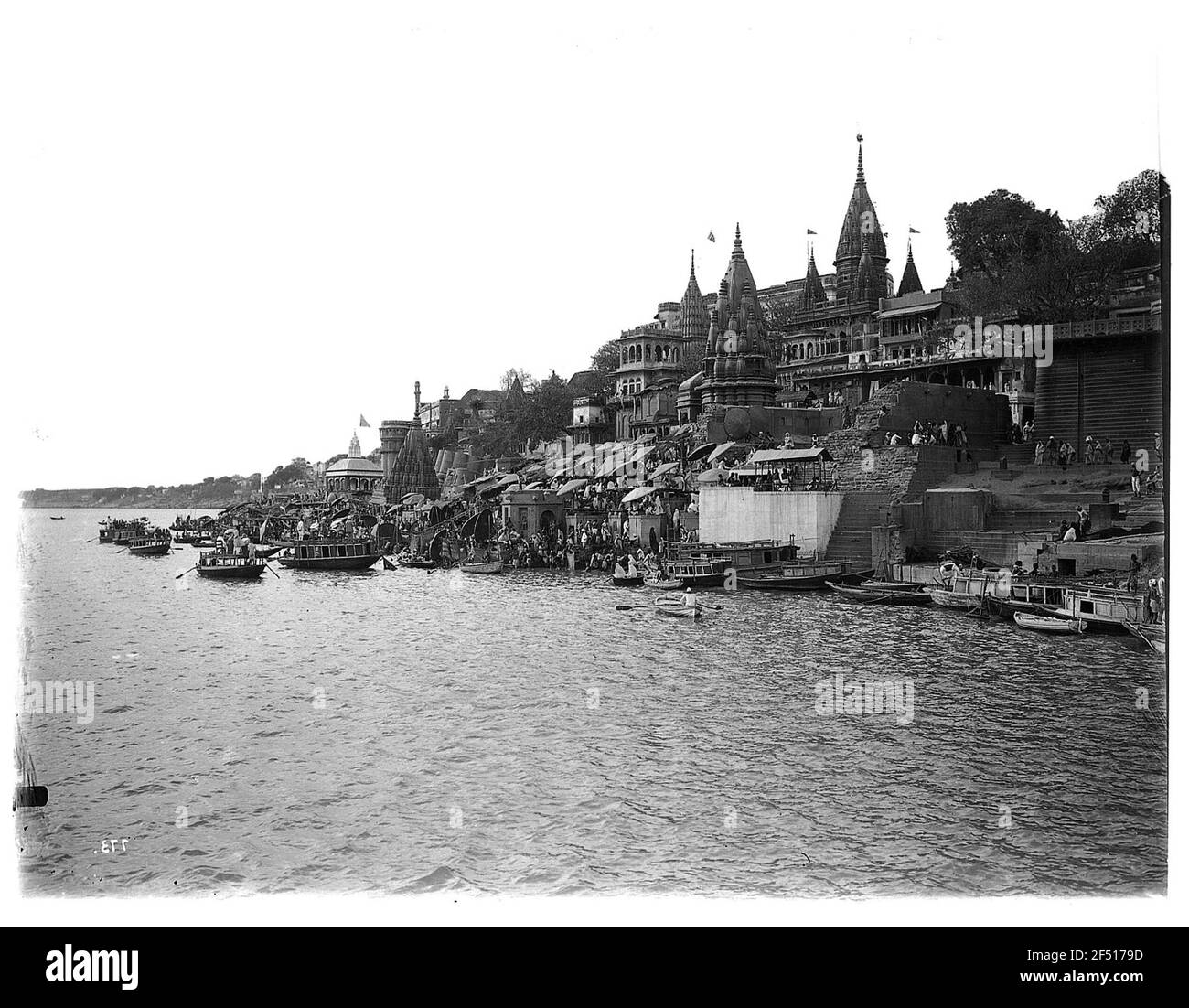 Varanasi (Benares), India. View on the shore of the corridor with ghats ...