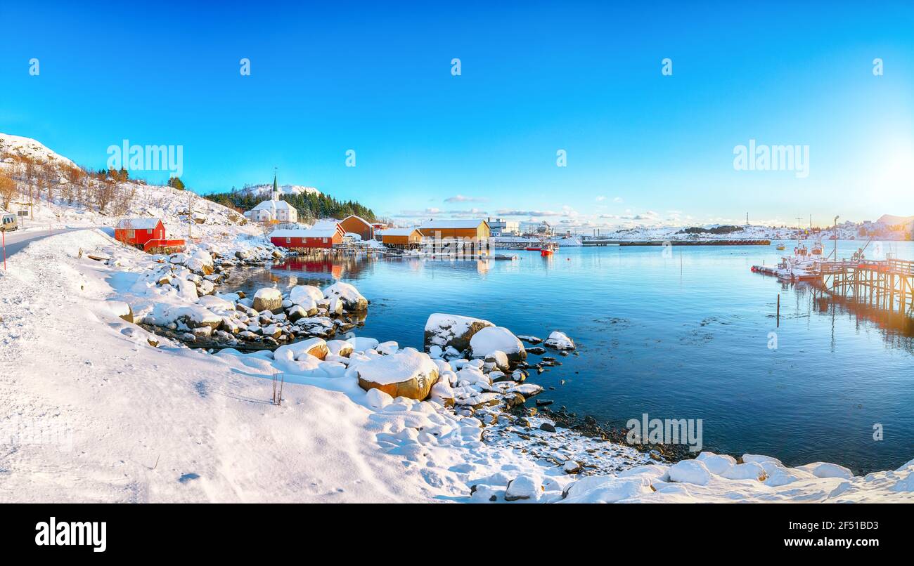 Awesome winter scenery of Moskenes village with ferryport and famous ...