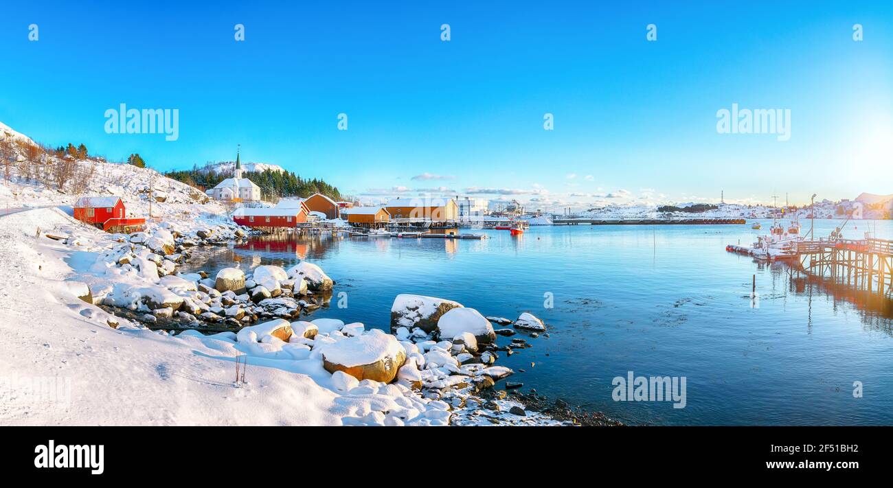 Stunning winter scenery of Moskenes village with ferryport and famous ...
