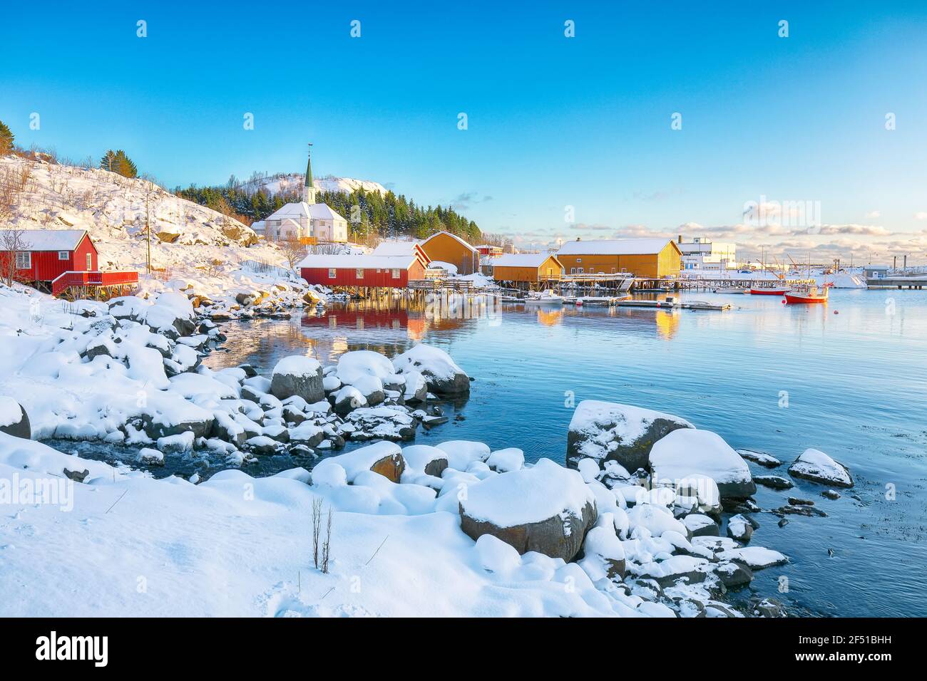 Awesome winter scenery of Moskenes village with ferryport and famous ...