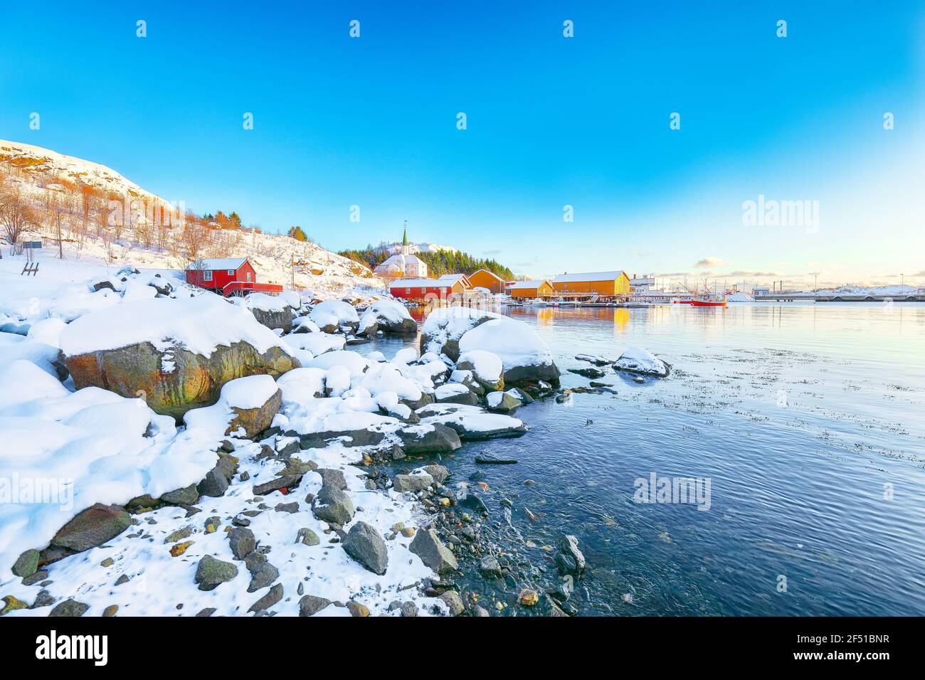 Amazing winter scenery of Moskenes village with ferryport and famous ...