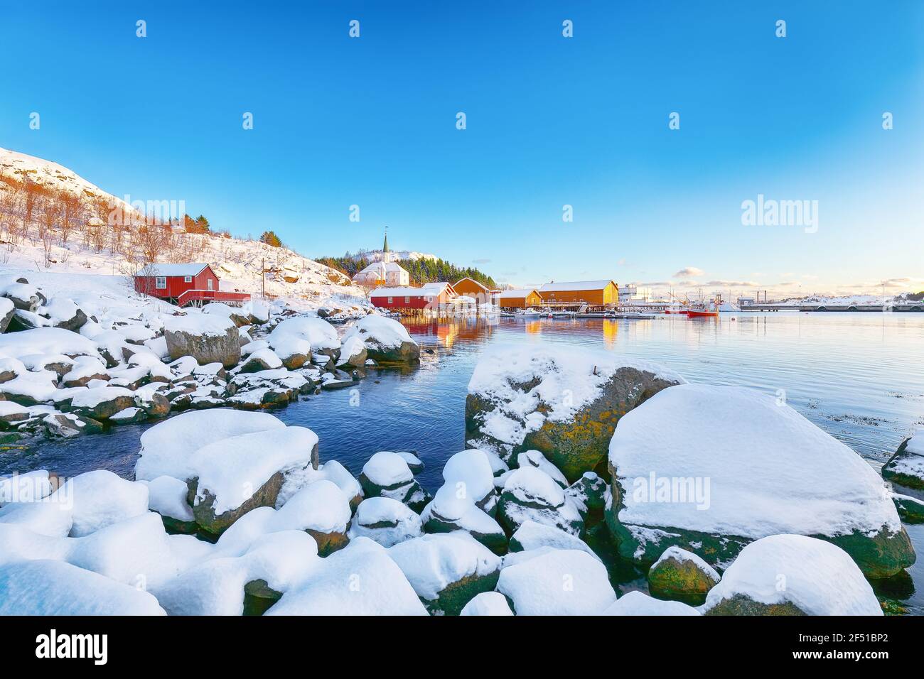 Amazing winter scenery of Moskenes village with ferryport and famous ...