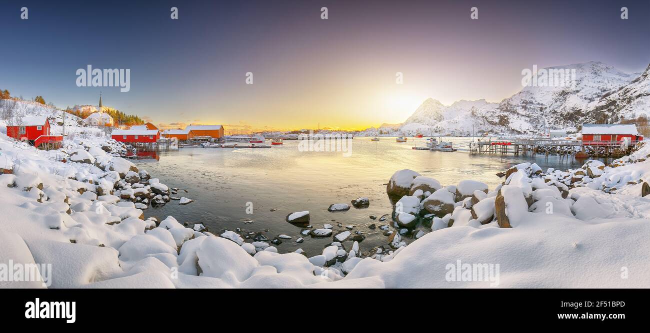 Stunning winter scenery of Moskenes village with ferryport and famous ...
