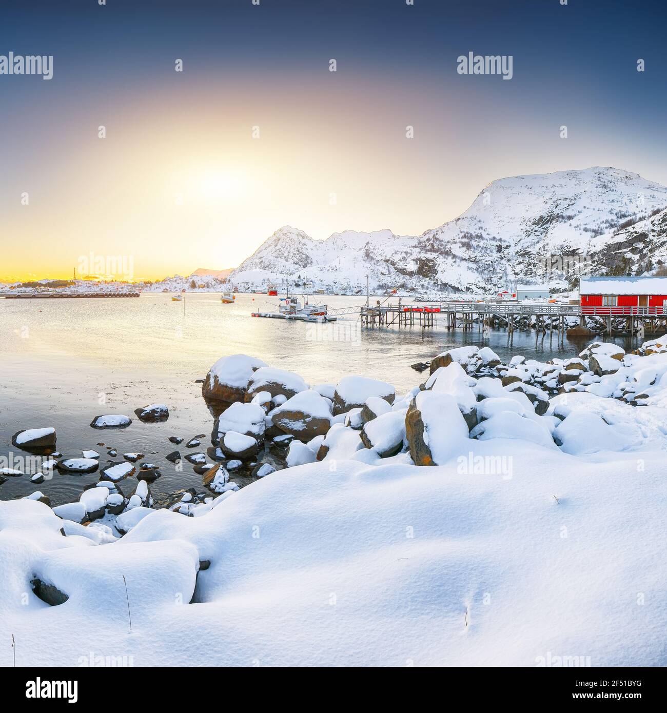 Amazing winter scenery of Moskenes village with ferryport . Popular ...