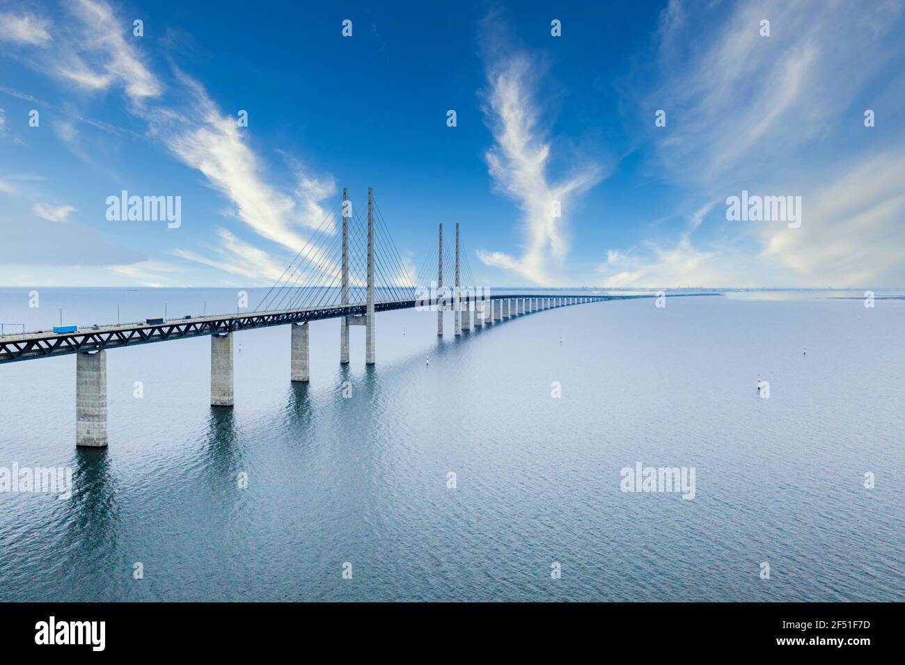 Aerial view of the bridge between Denmark and Sweden, Oresundsbron ...