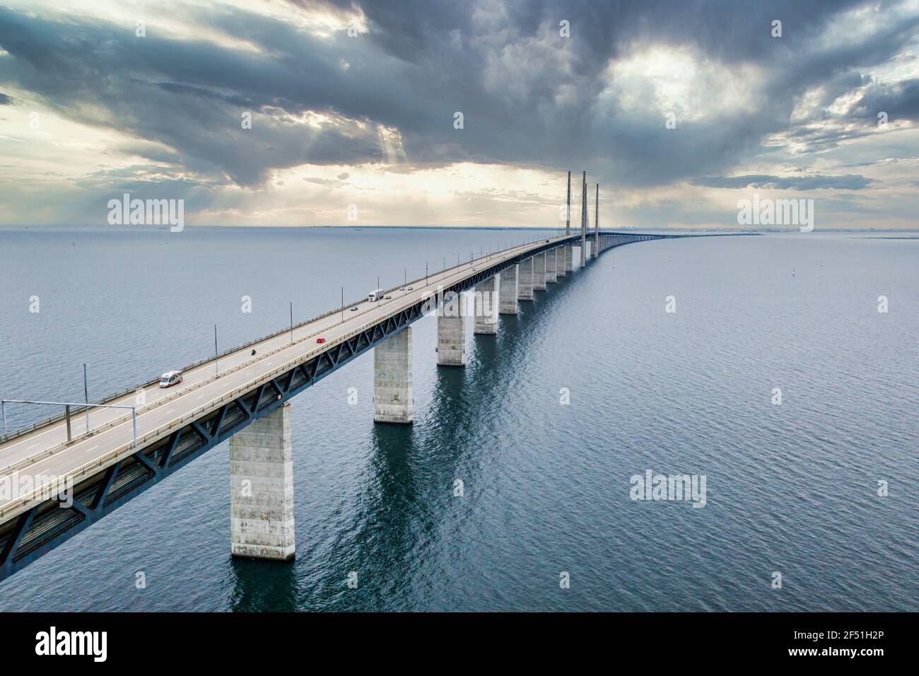 Aerial view of the bridge between Denmark and Sweden, Oresundsbron ...