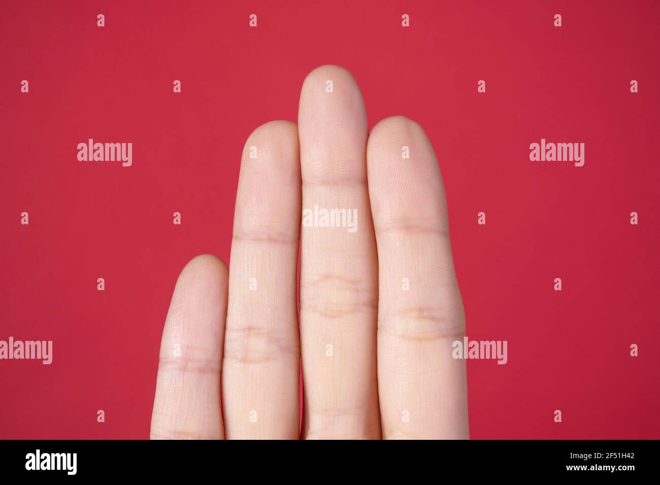 Closeup of a person showing four fingers isolated on a red background ...