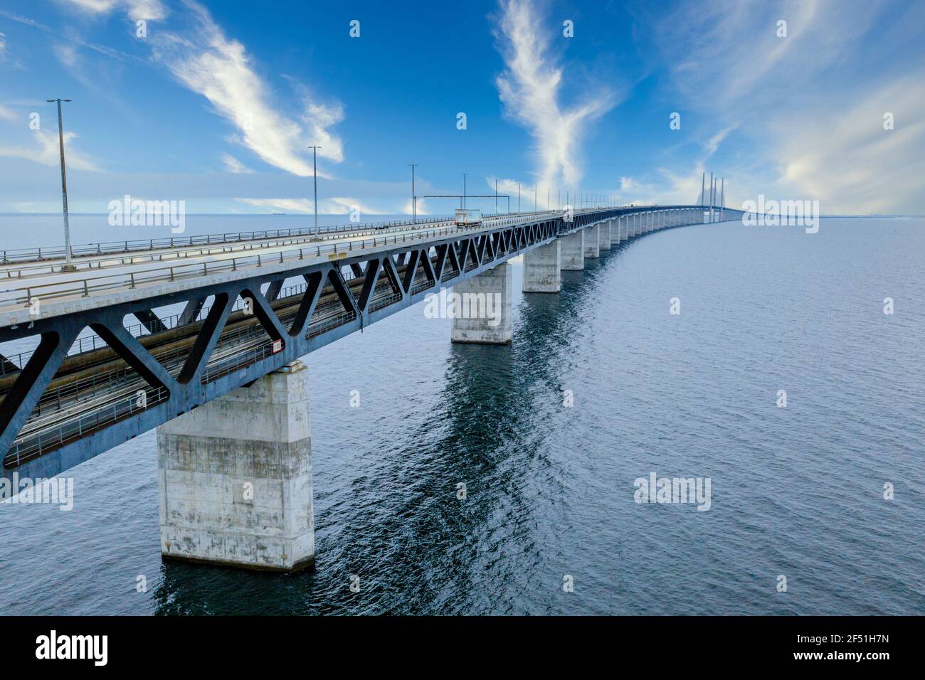 Aerial view of the bridge between Denmark and Sweden, Oresundsbron ...
