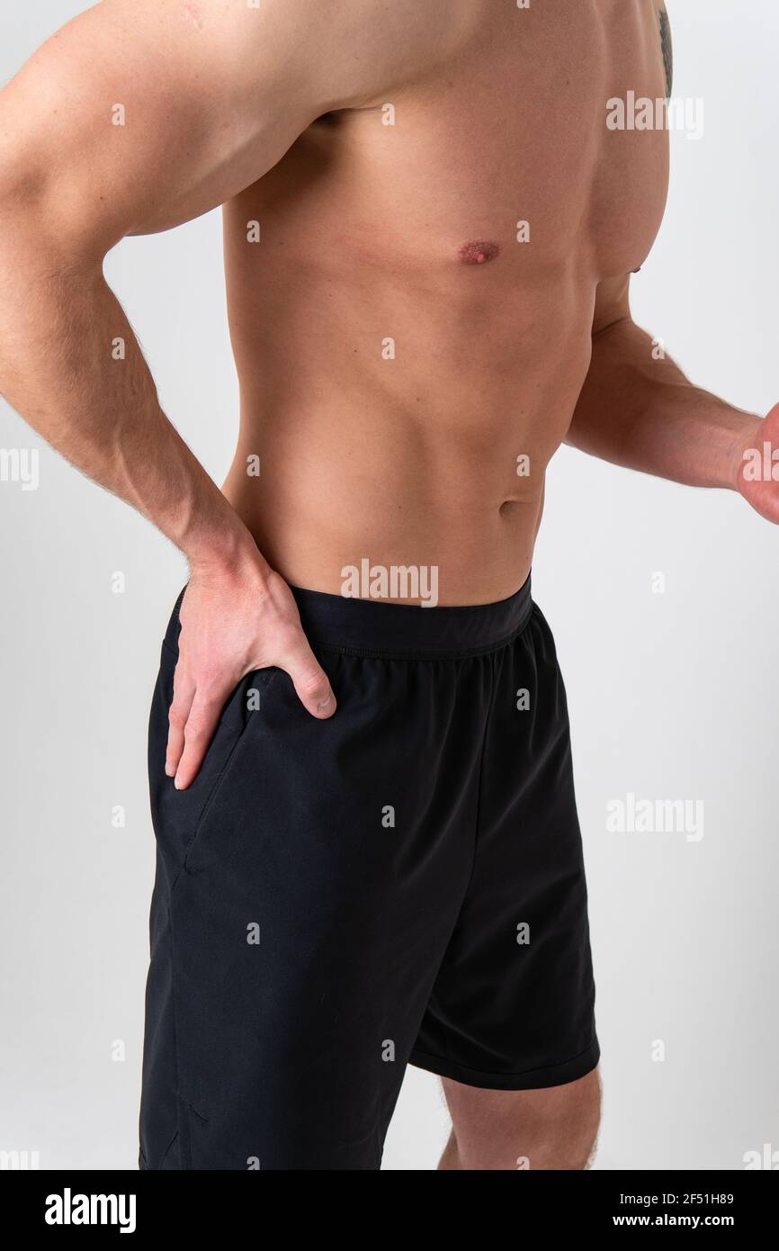 Aching hip in a man white background strong back backache sick white ...