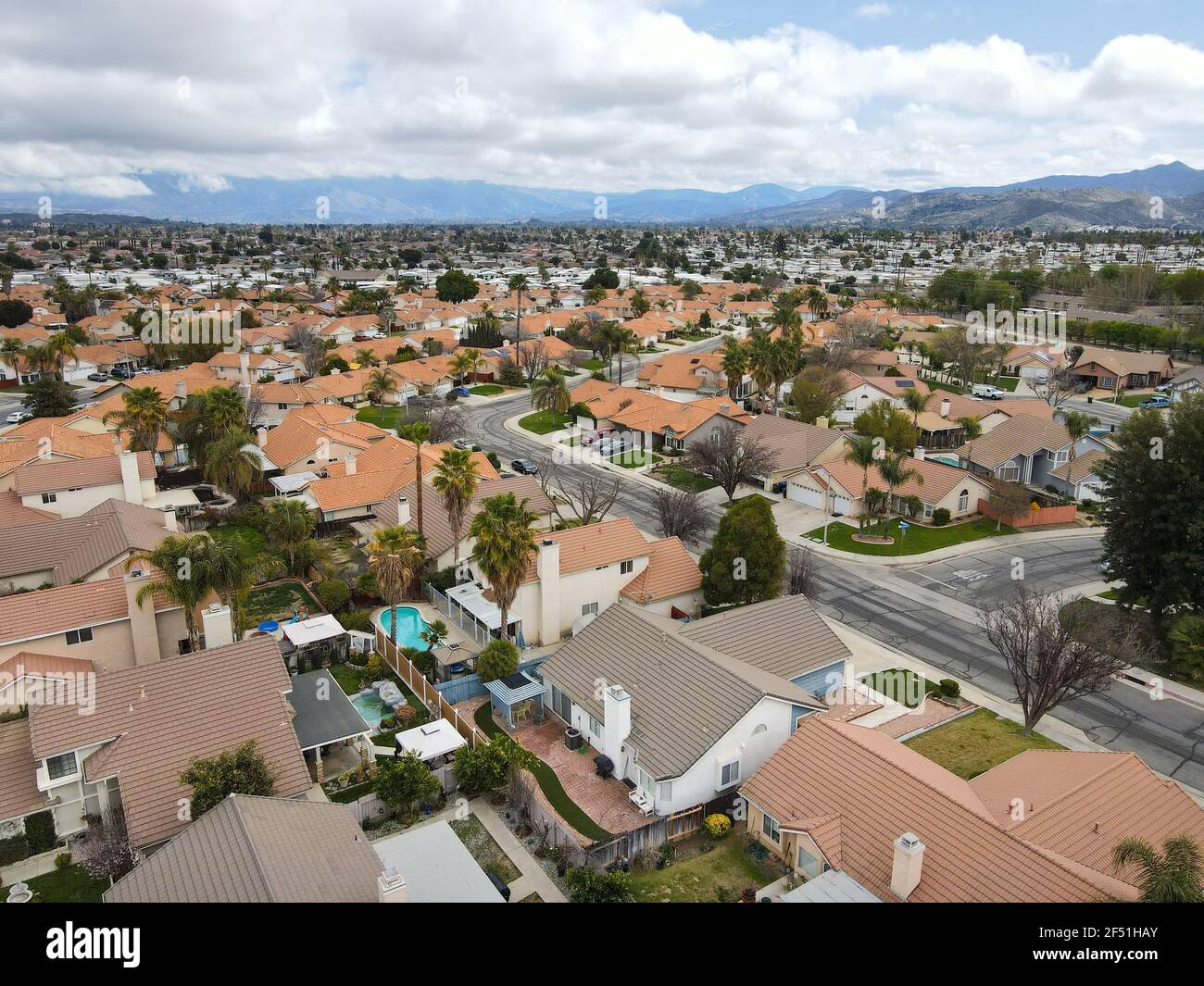 Aerial view of Hemet city during clouded day in the San Jacinto Valley ...