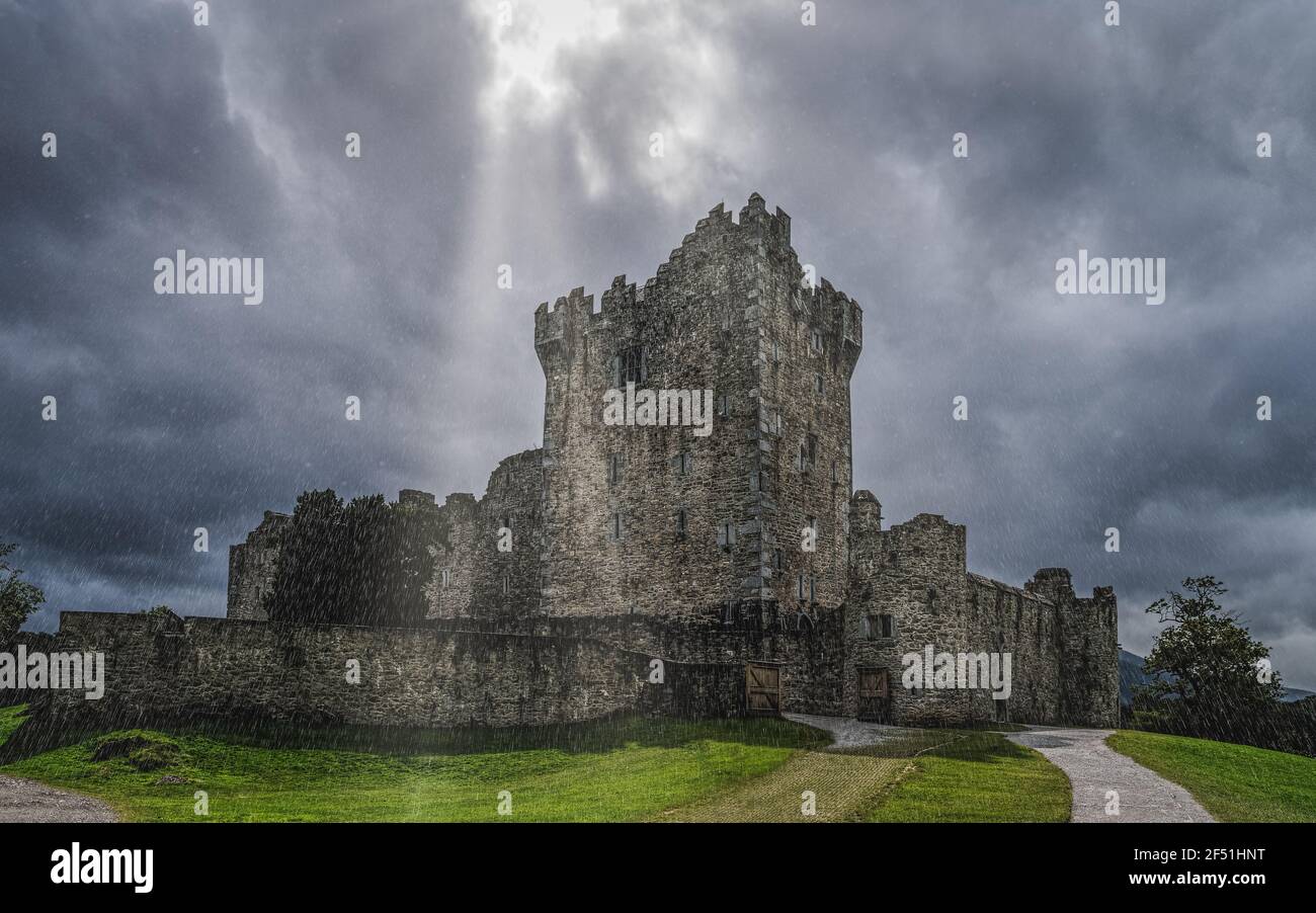 Ross Castle under very heavy lashing rain and thunderstorm with ...