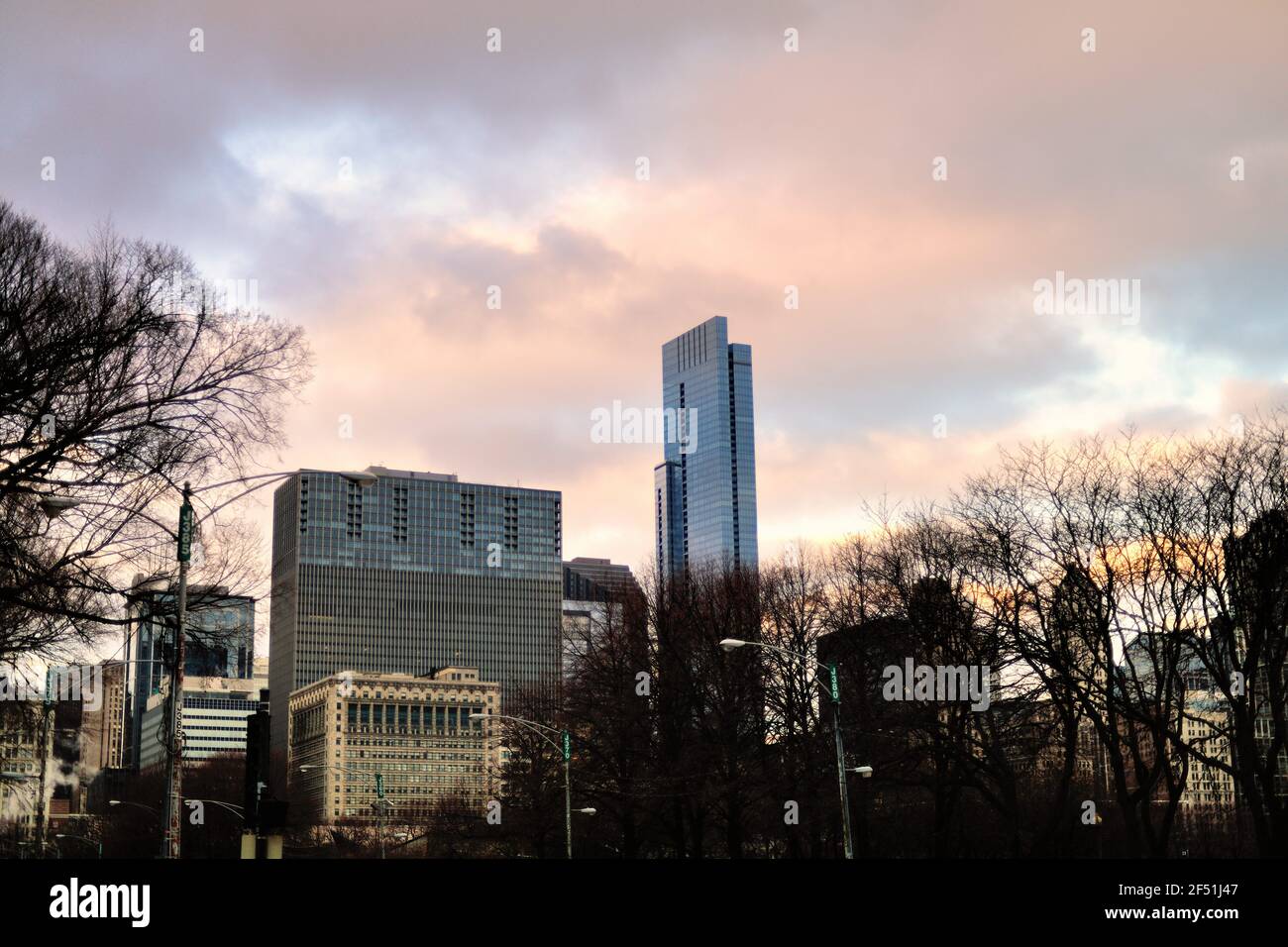 Chicago, Illinois, USA. The Legacy at Millennium Park towers above the ...