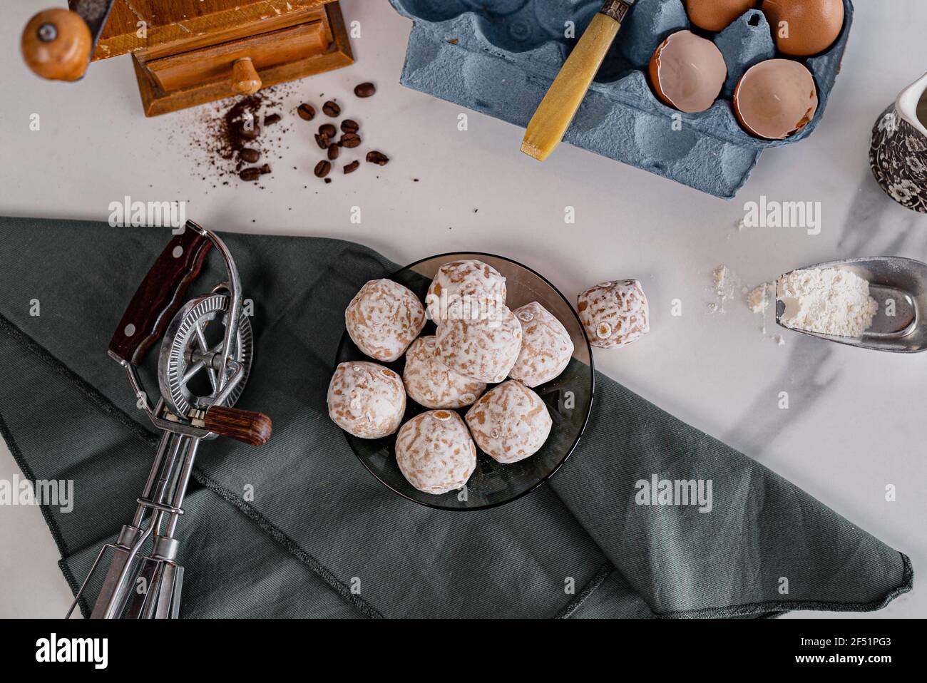 Top view of ready Pryanik cookies and their ingredients on the table ...