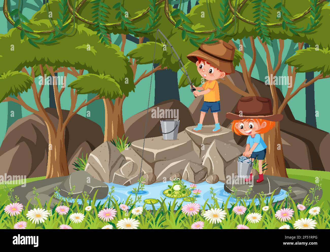 Happy kids at the waterfall illustration Stock Vector Image & Art - Alamy