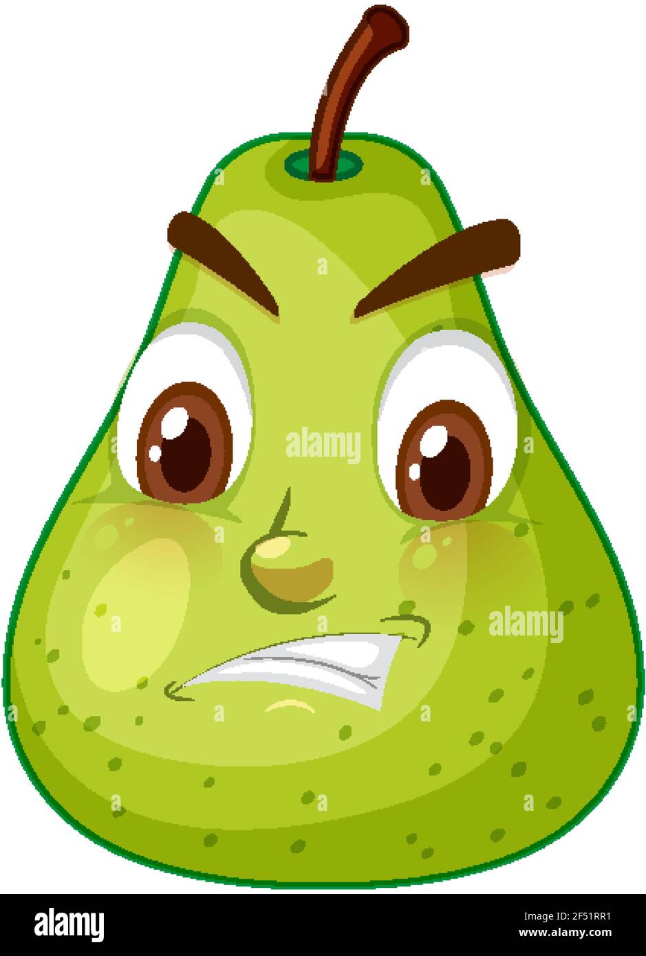 Green pear cartoon character with angry face expression on white ...