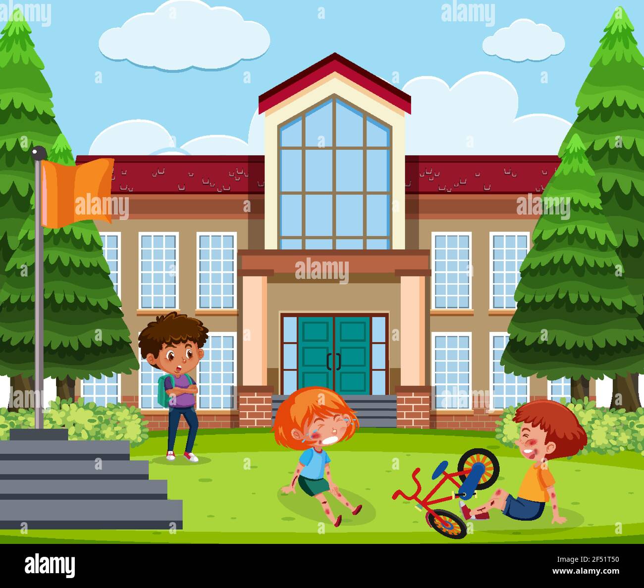 Two kids injured at cheek and arm from riding bycycle at the school ...