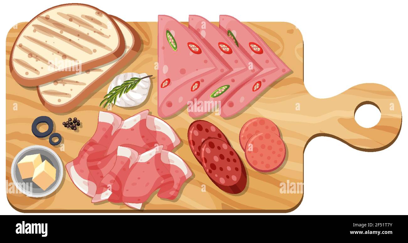 Top view of sliced meat set on a cutting board isolated illustration ...