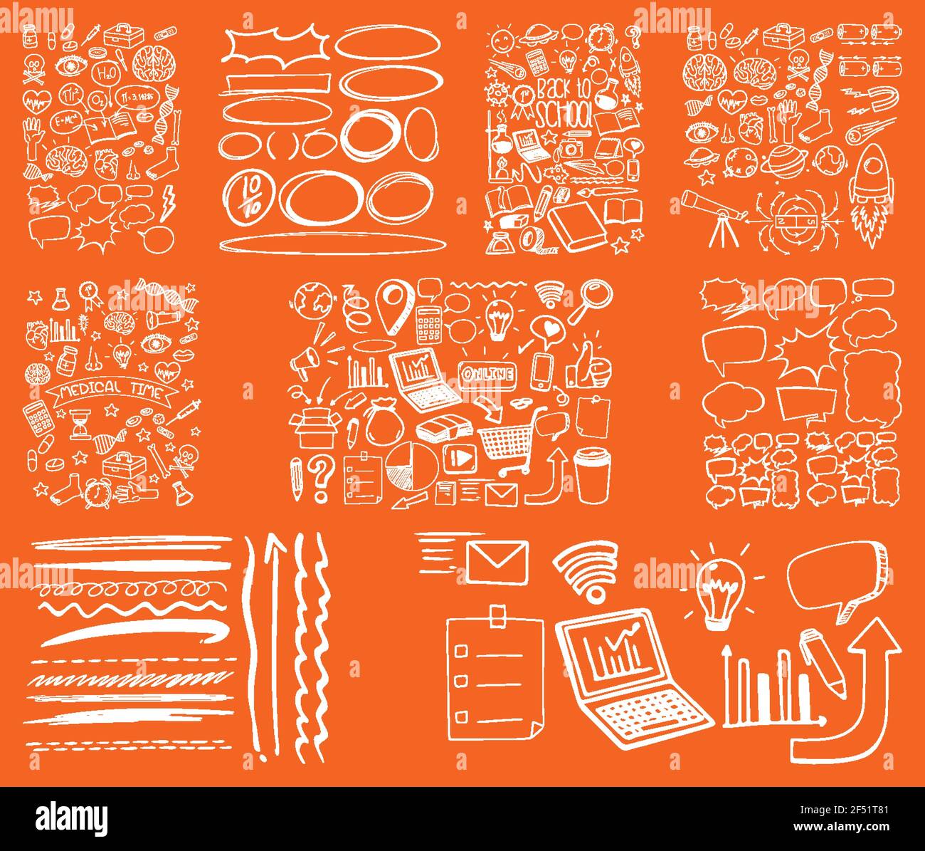 Set of object and symbol hand drawn doodle on orange background ...