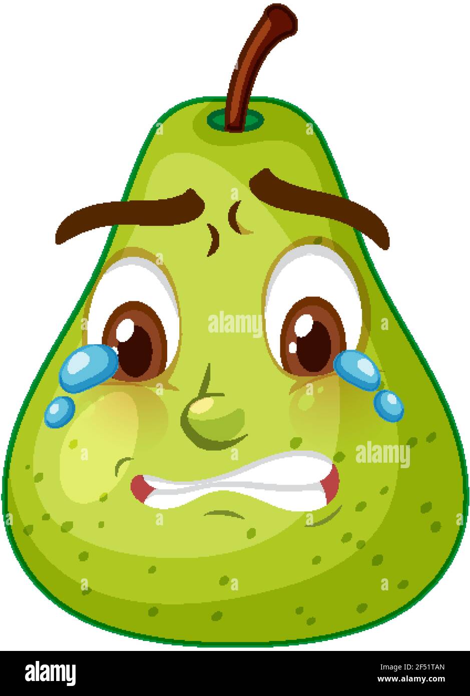 Green pear cartoon character with crying face expression on white ...