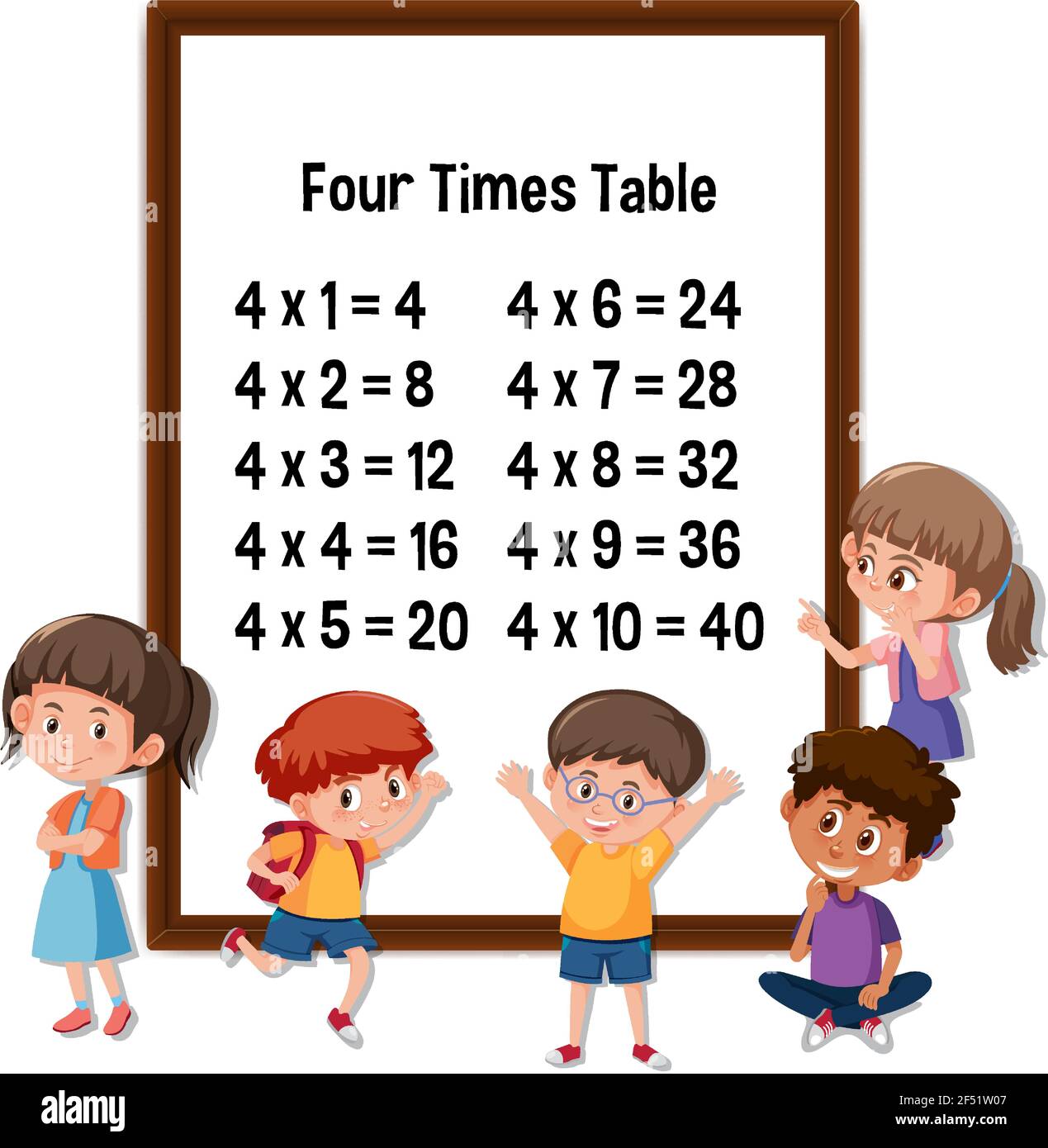 Four Times Table with many kids cartoon character illustration Stock ...