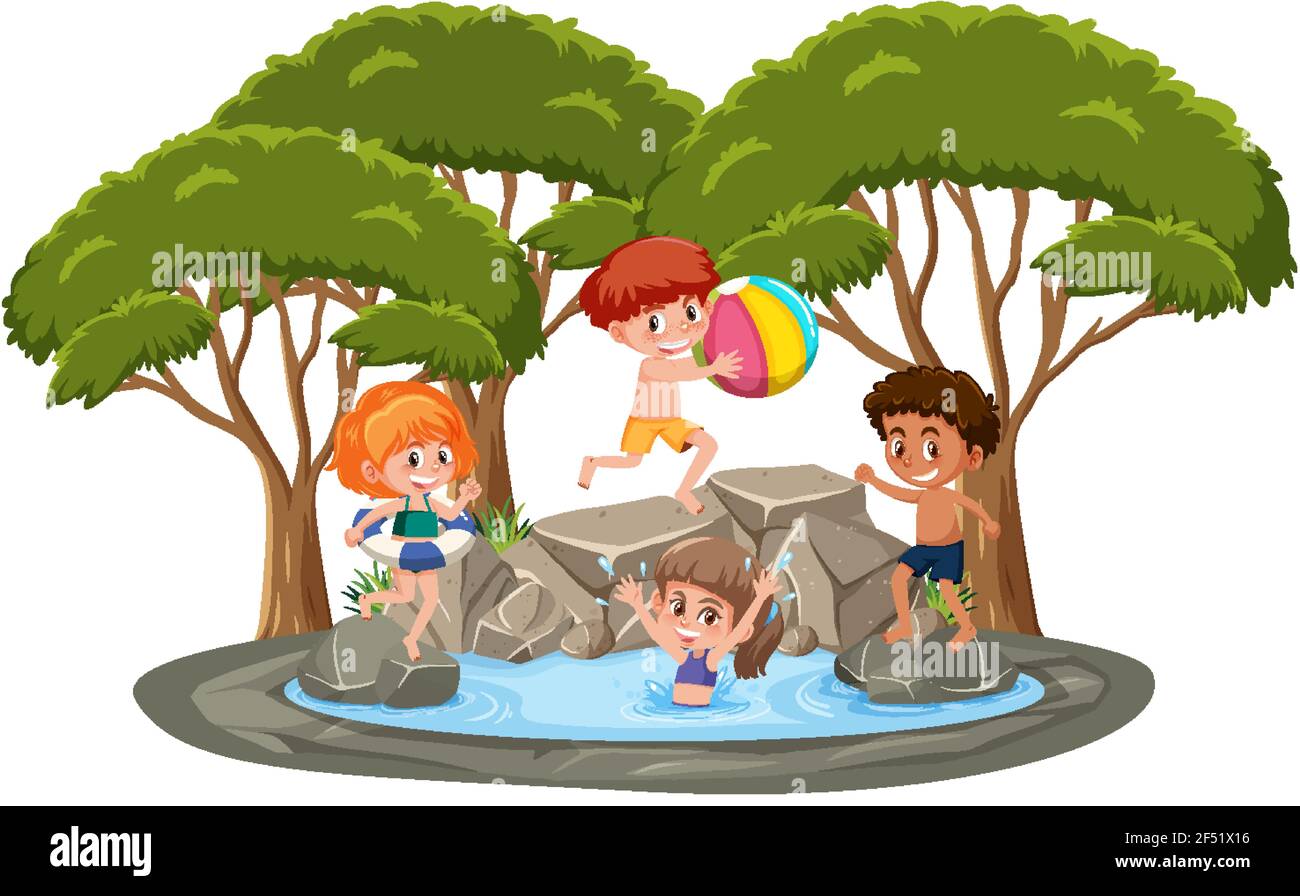 Isolated scene with children playing at the pond illustration Stock ...
