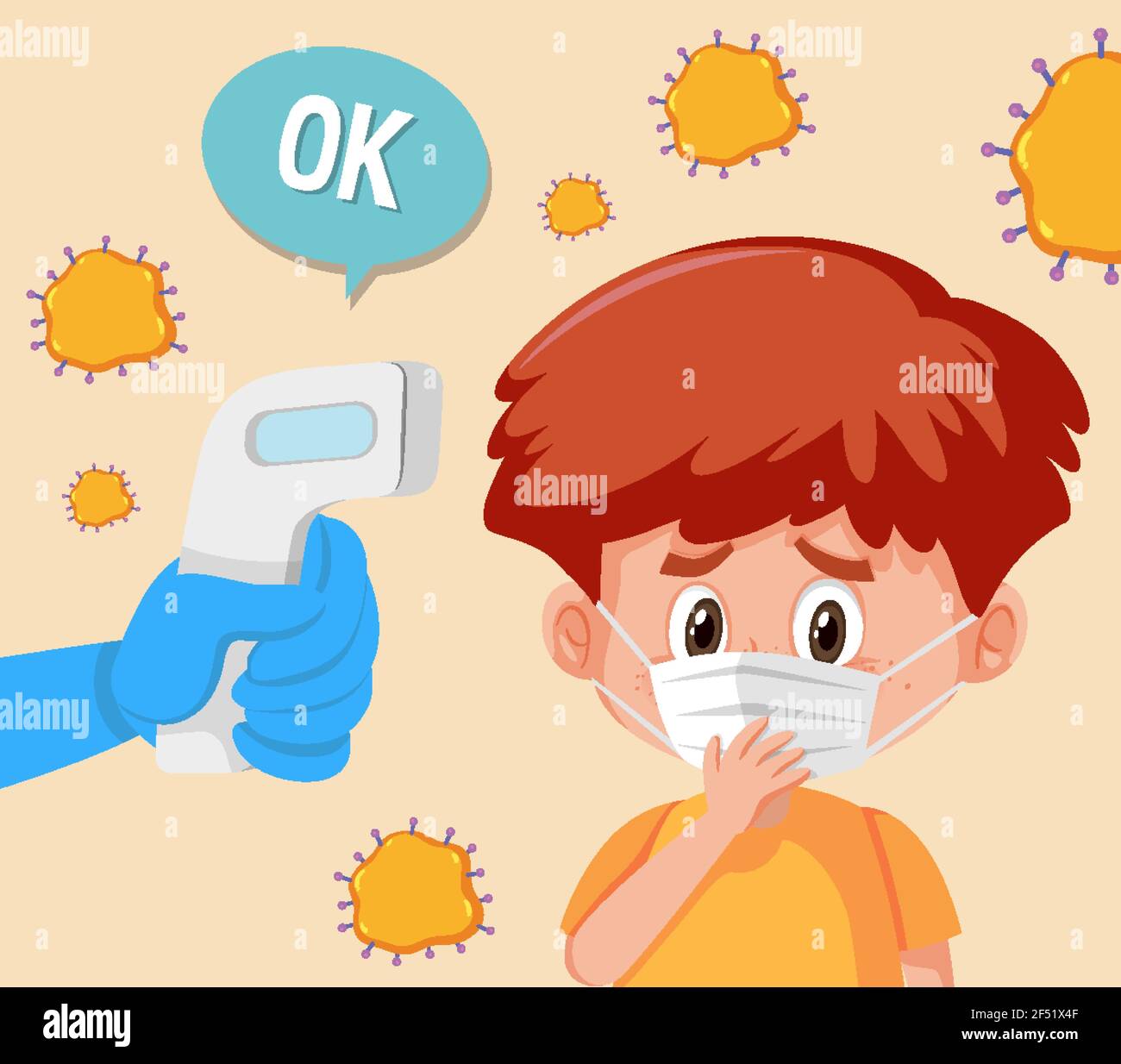 Body temperature checking with a boy wearing mask illustration Stock ...
