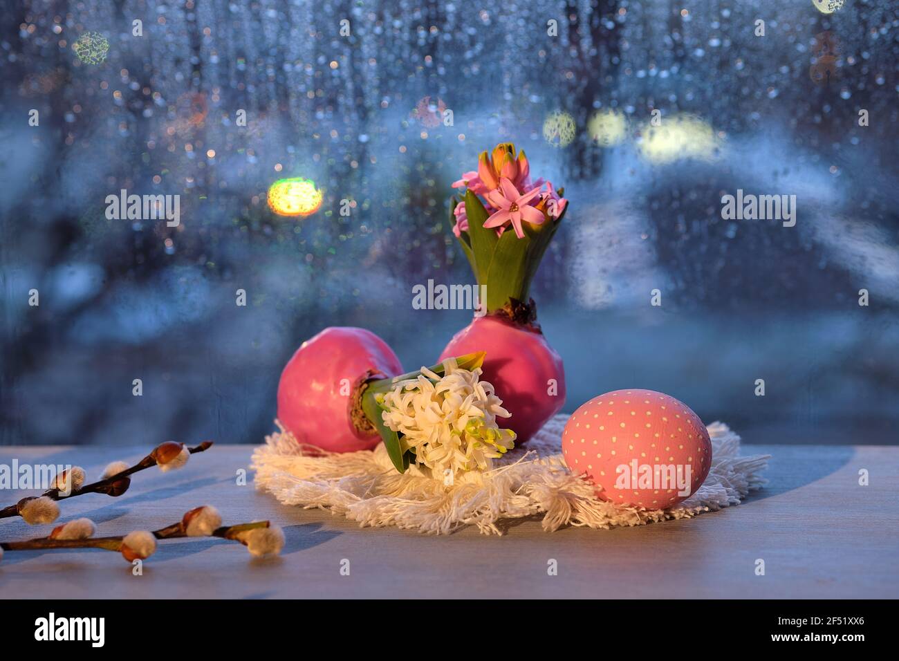 Evening window in Spring, hyacinth with onion in wax and painted Easter ...