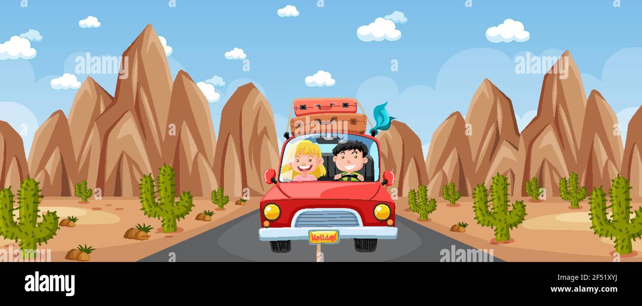 Outdoor scene with a couple travelling in desert scene illustration ...