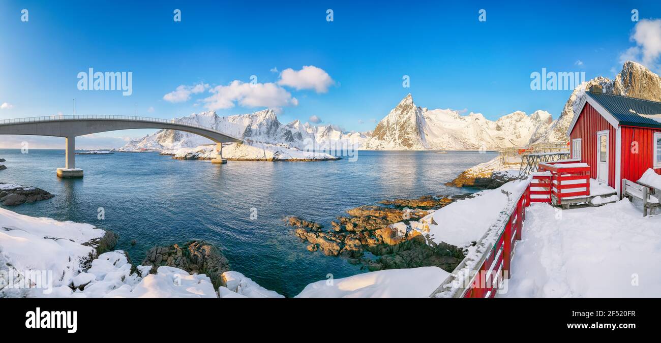 Panoramic winter view on Hamnoy village and bridge to Olenilsoya island ...