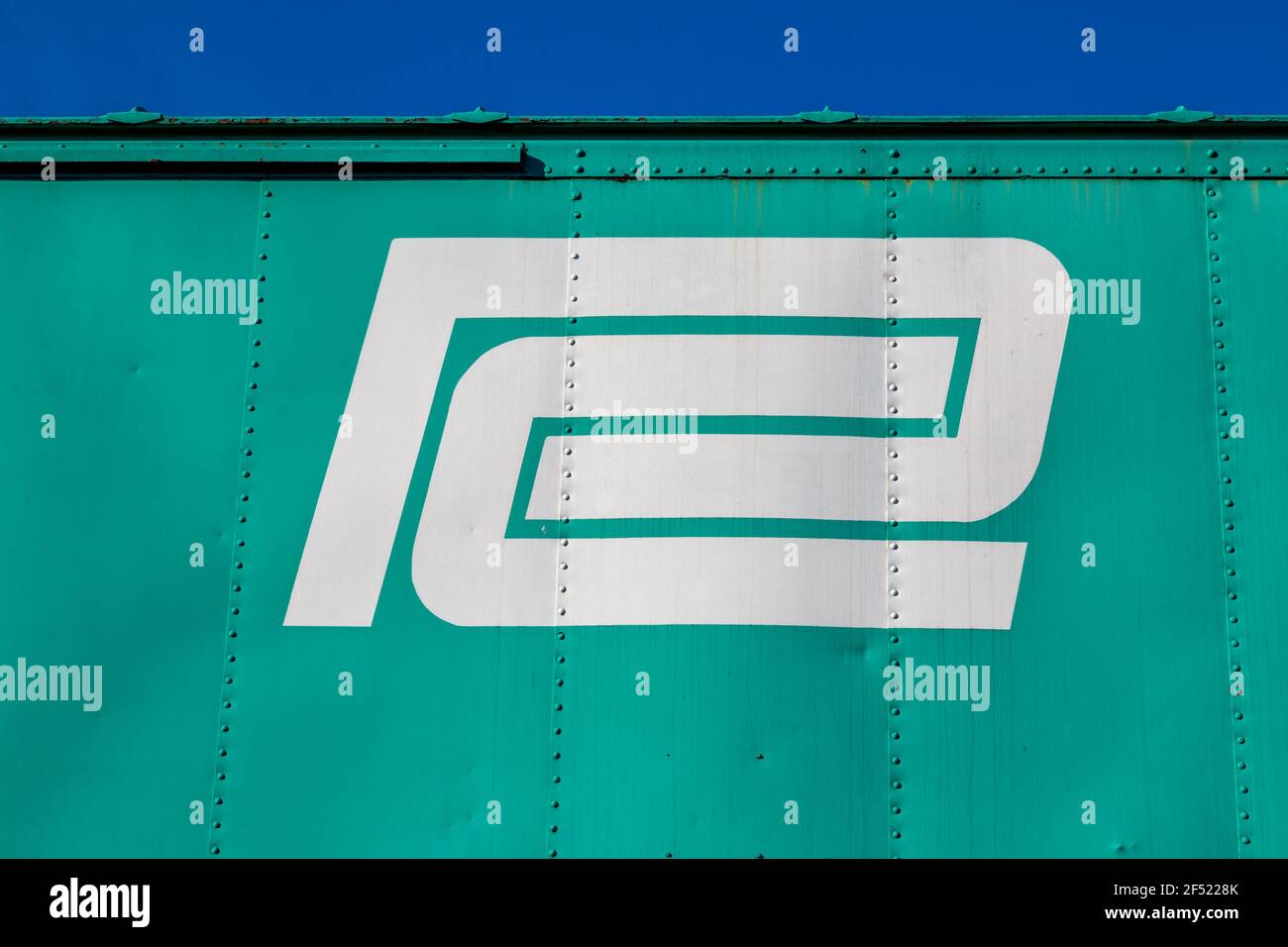 The Penn Central Railroad logo adorns a green boxcar at the Hoosier ...