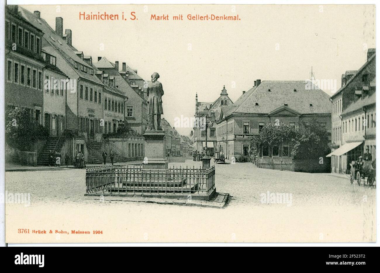 Market with local monument Hainichen. Market with Gellert monument ...