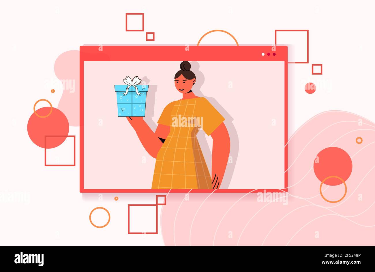 woman celebrating online birthday party girl in computer window holding ...