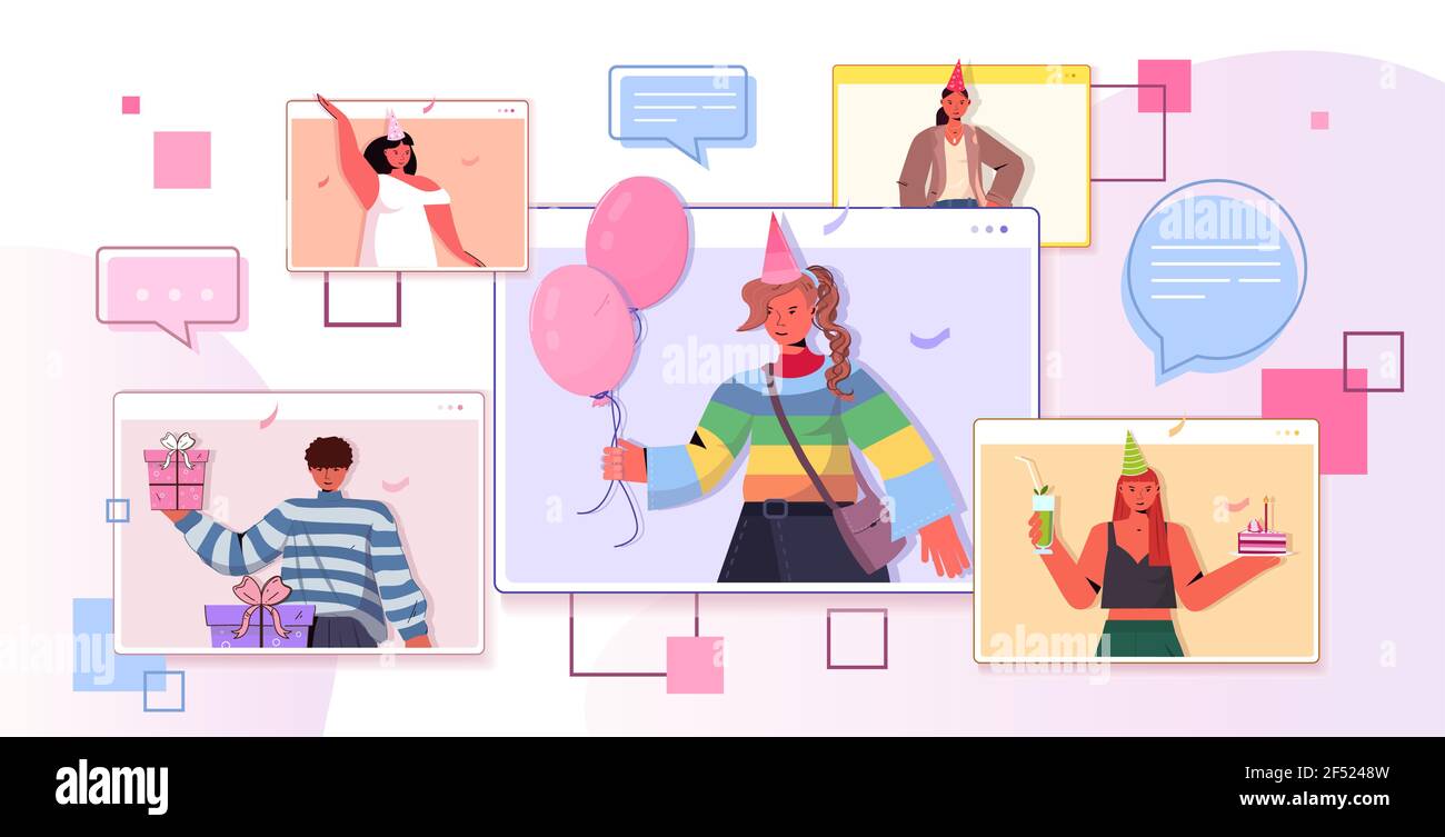people in festive hats celebrating online birthday party mix race men ...