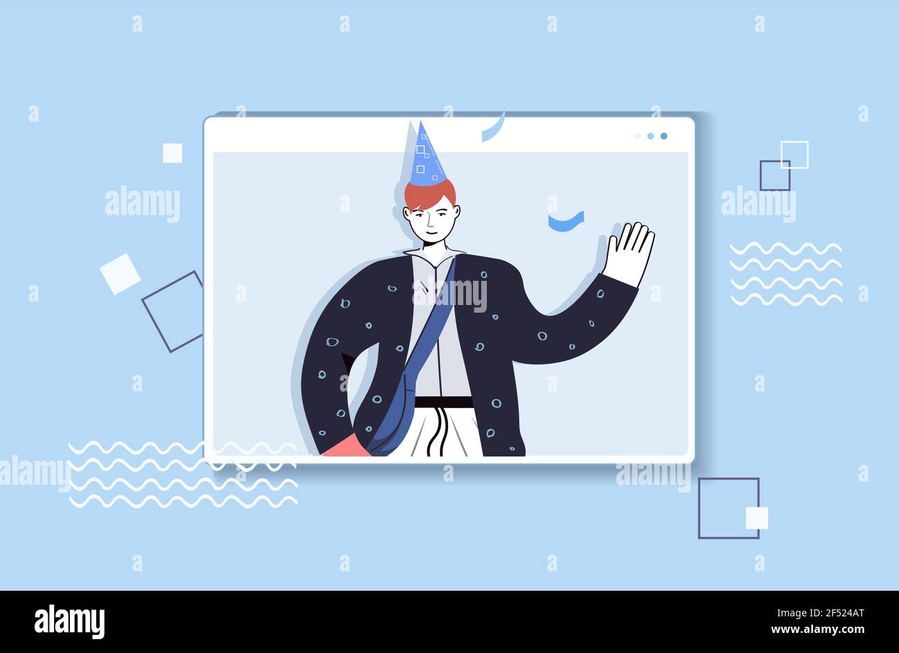 man in festive hat celebrating online birthday party guy in computer ...