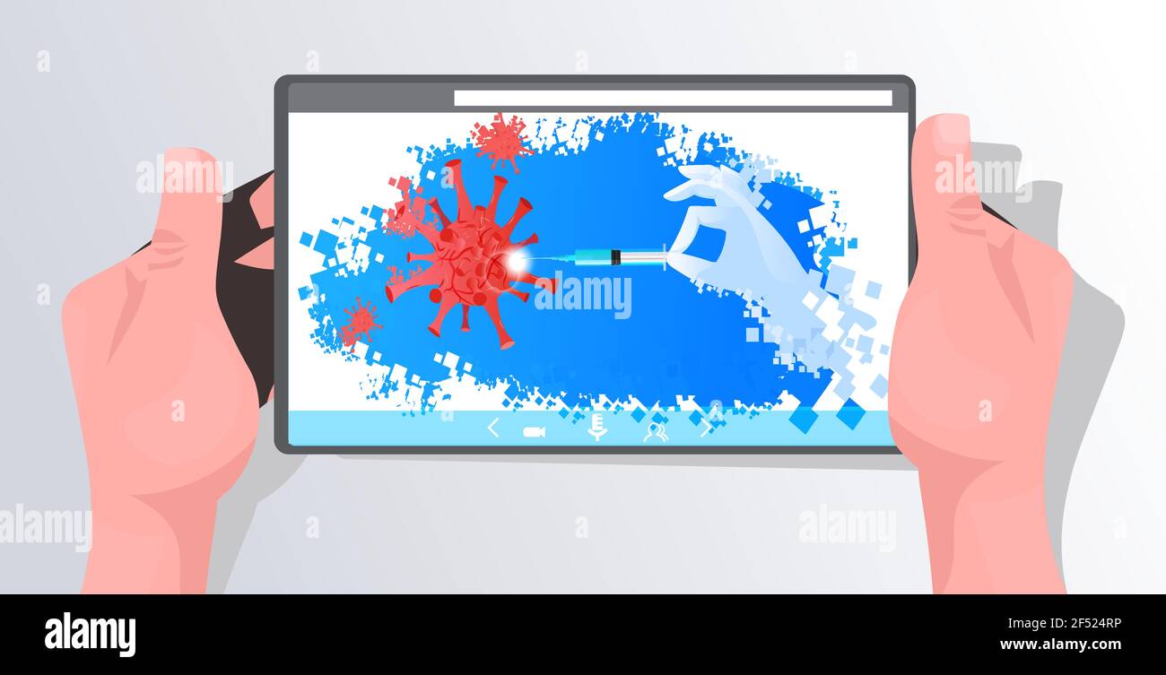 human hands using tablet with red influenza virus cells and syringe ...