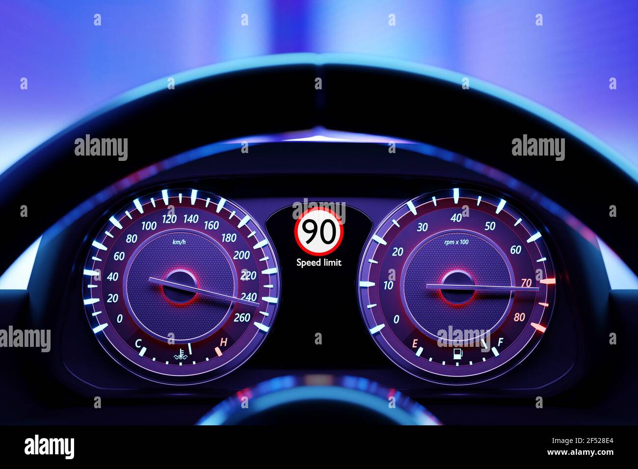 3D illustration of the new car interior details. Speedometer shows a maximum speed of 240 km h ...