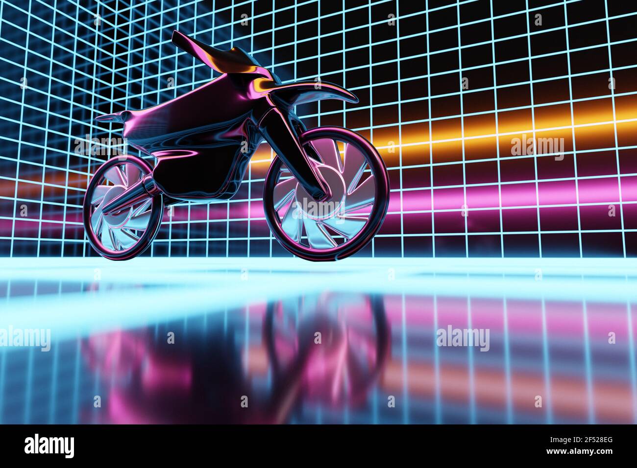 3d illustration of a black motorcycle in a glowing neon room . 3D ...