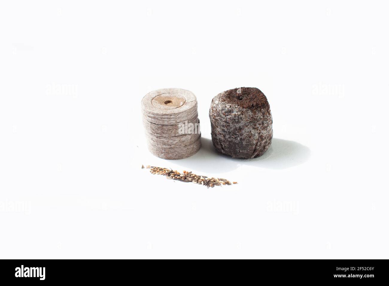 Isolated compacted peat pellets (pod) for seed starting are used by ...