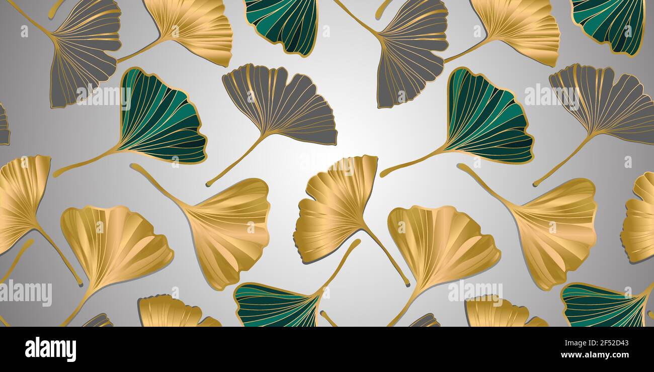 Vector banner of ginkgo biloba leaf. ink line art design. Seamless ...