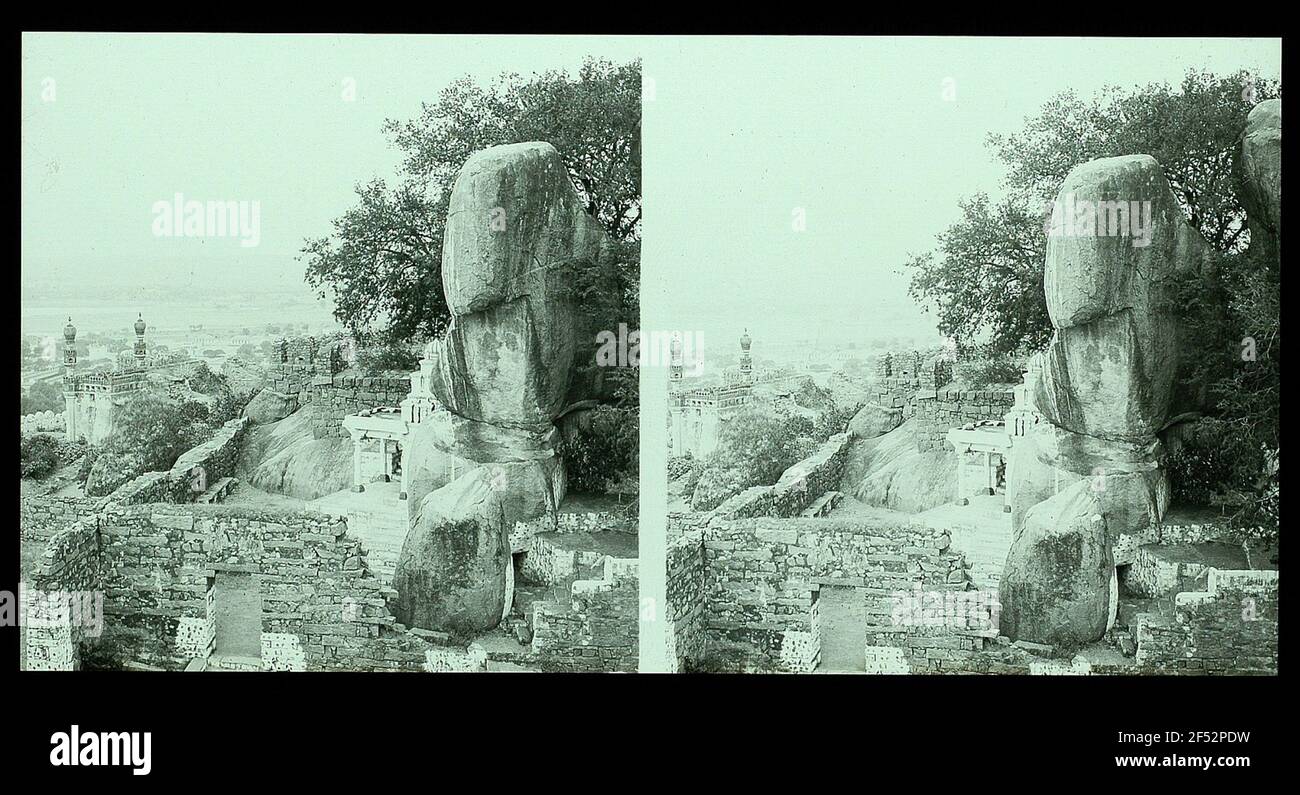 India (?). View from an elevated viewpoint to the ruin of a Hindu ...