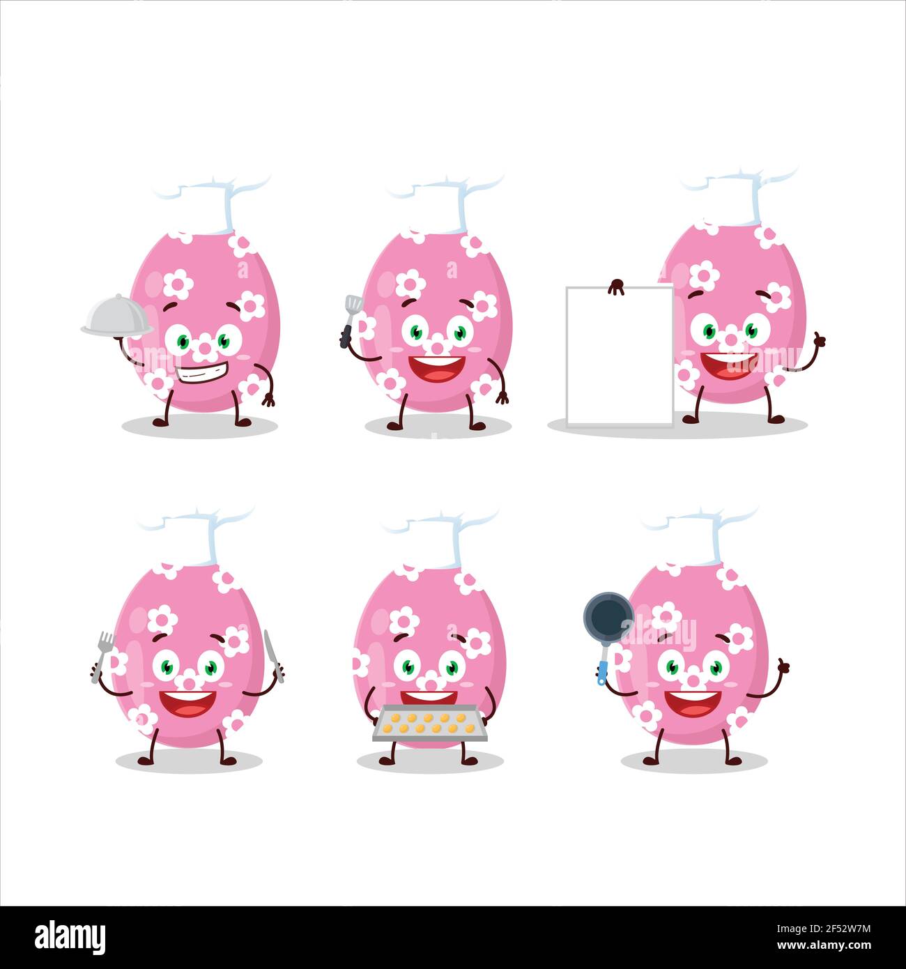 Cartoon character of pink easter egg with various chef emoticons ...