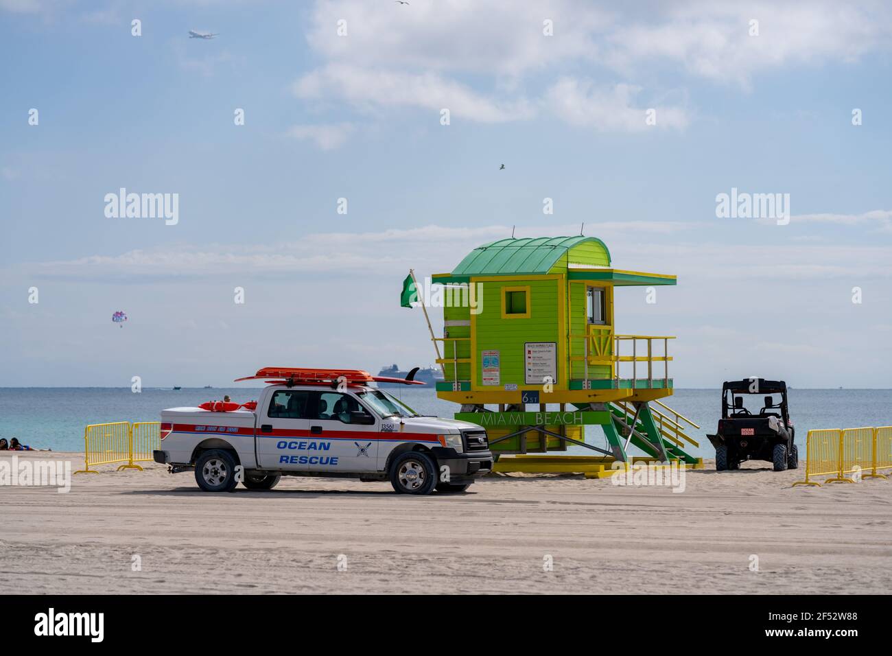 Miami Beach spring break 2021 scene lifeguard tower and ocean rescue ...