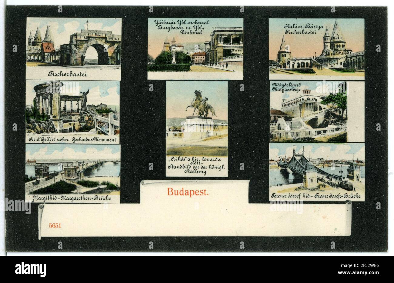 Different city views Budapest. Tableau with colored city views on view ...