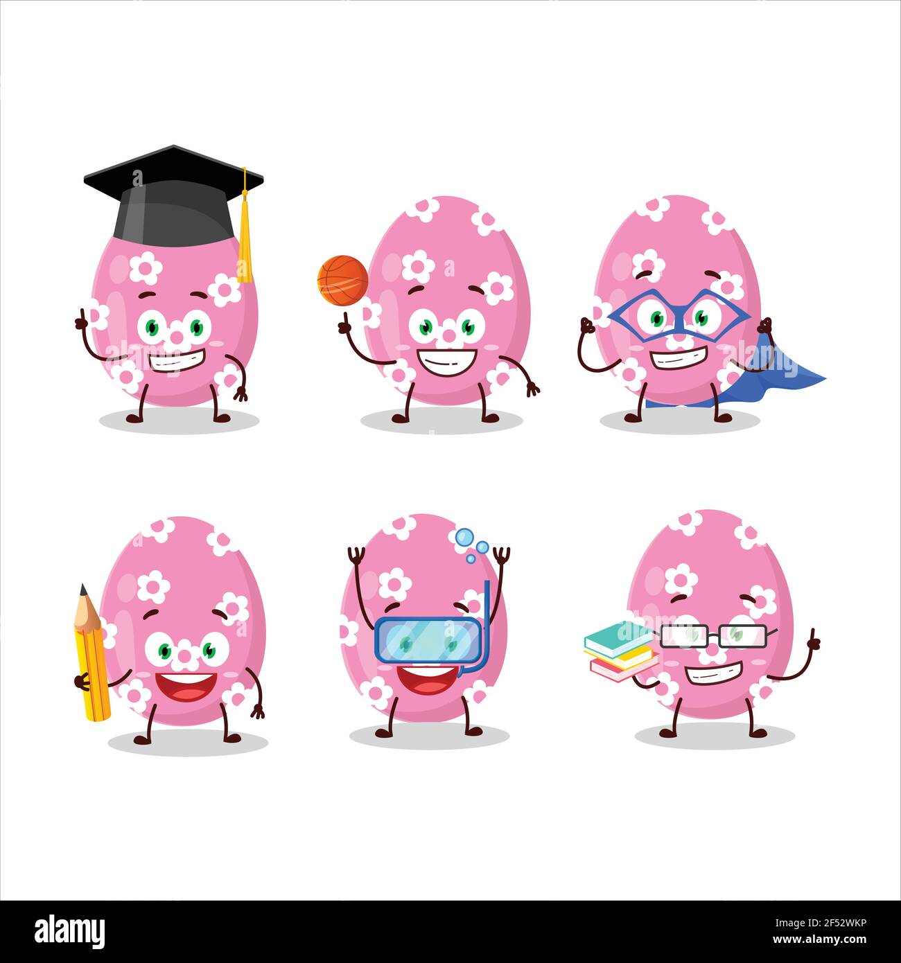 School student of pink easter egg cartoon character with various ...