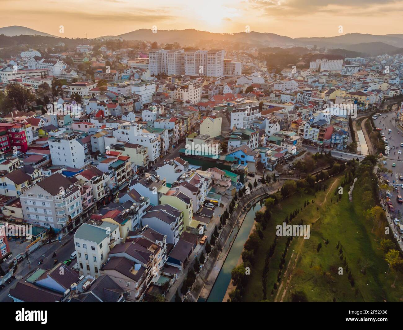 Aerial view of Dalat city. The city is located on the Langbian Plateau ...