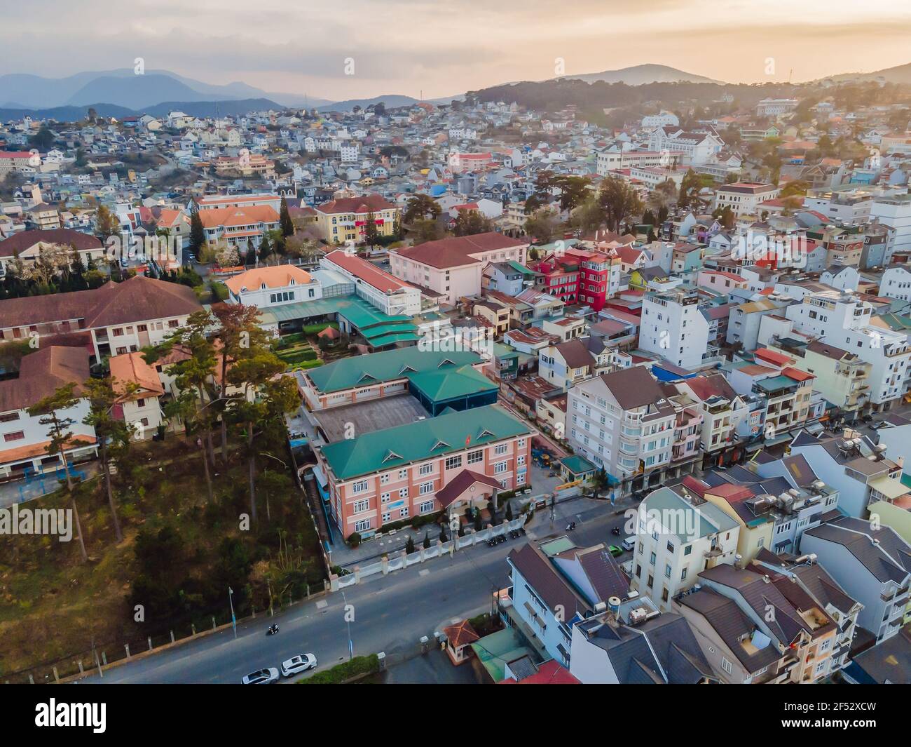 Aerial view of Dalat city. The city is located on the Langbian Plateau ...