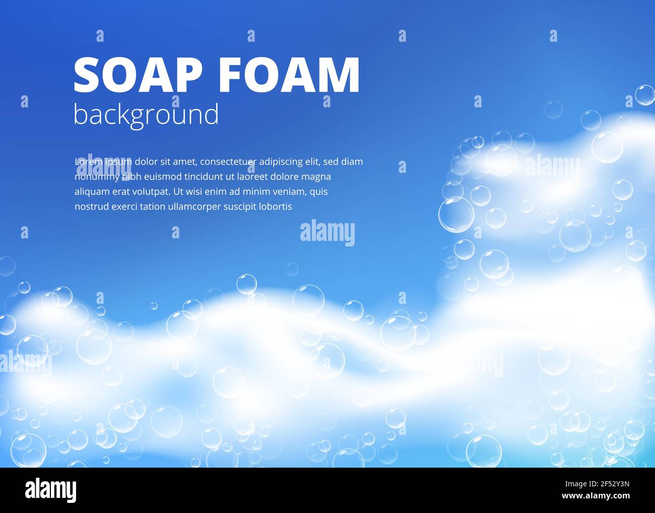 Beautiful blue background with realistic Soap foam with bubbles ...